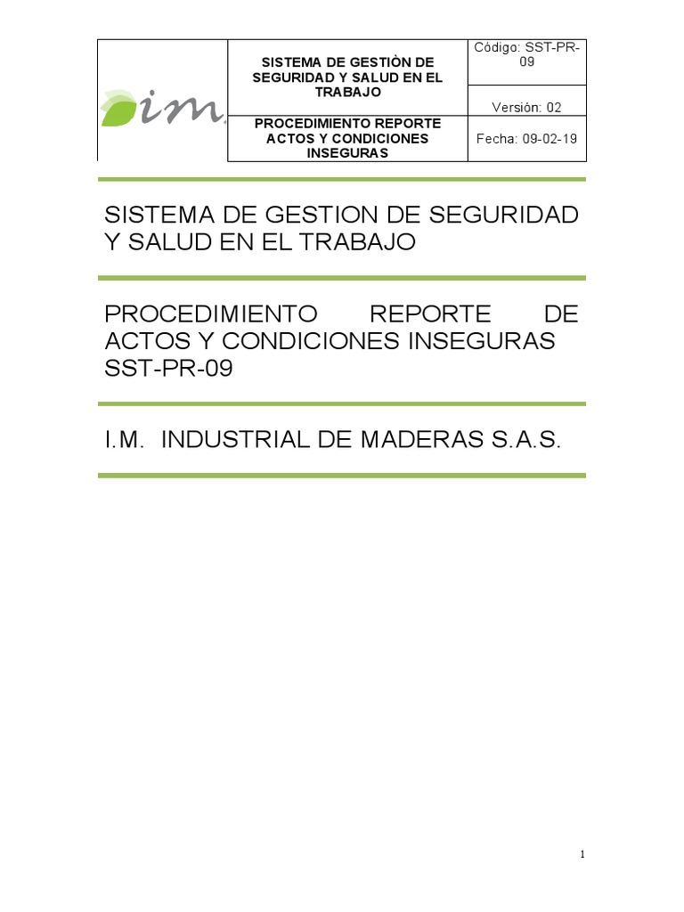 SST-PR-9 - Procedimiento Reporte Actos y Condiciones Inseguras | PDF | Empresas | Salud y bienestar