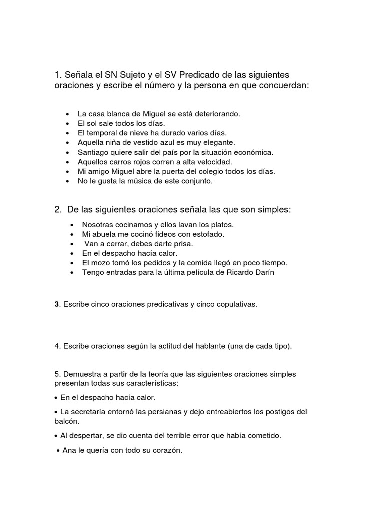 Práctica Sobre Las Oraciones Simples. | PDF