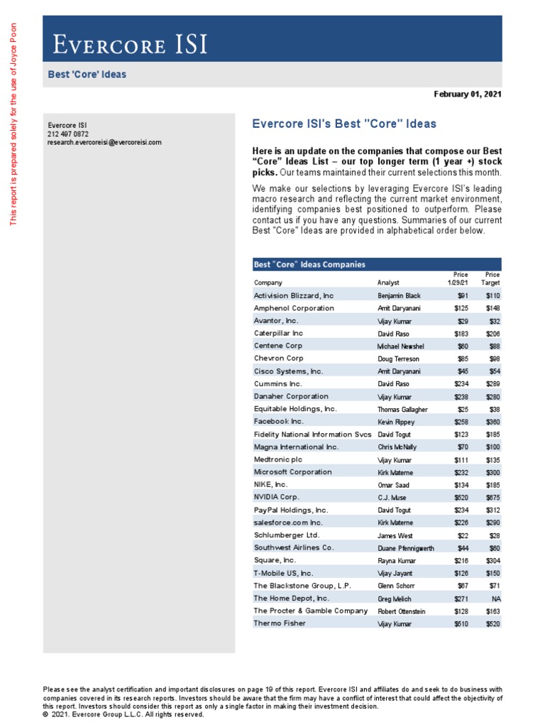 Evercore ISI's Best "Core" Ideas | PDF | Managed Care | Mergers And ...