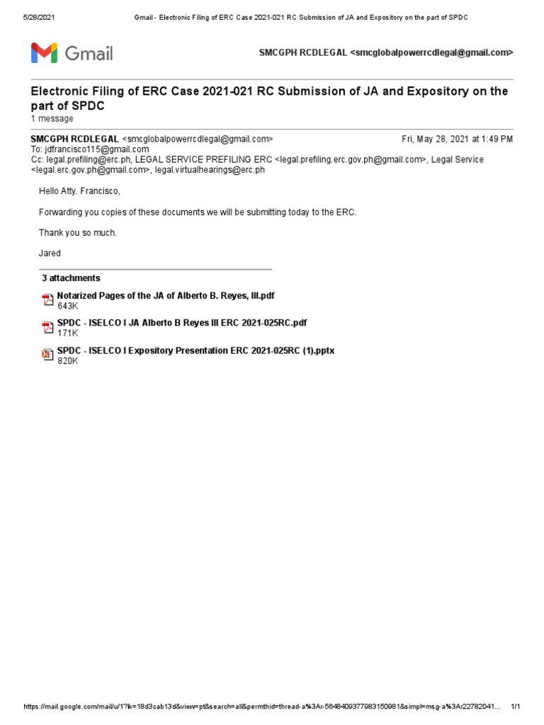 Gmail - Electronic Filing of ERC Case 2021-021 RC Submission of JA and Expository On The Part of ...