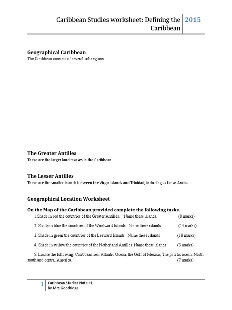 Caribbean Studies Worksheet: Defining The Caribbean | PDF
