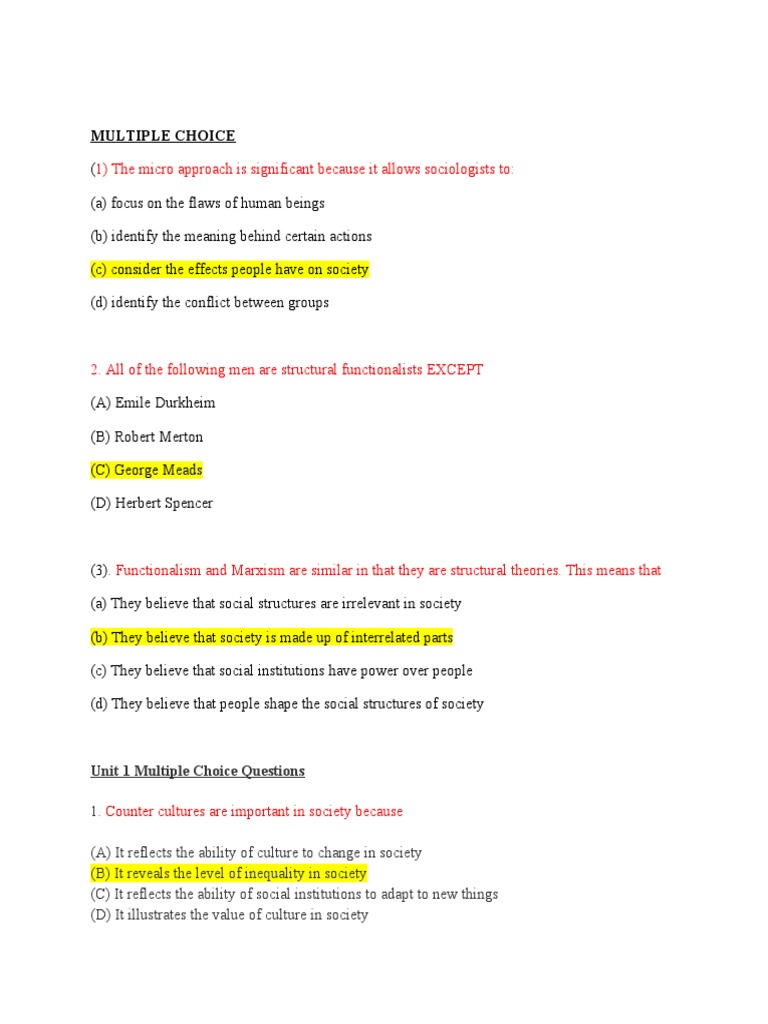Unit 1 Multiple Choice Questions | PDF | Sociology | Social Stratification