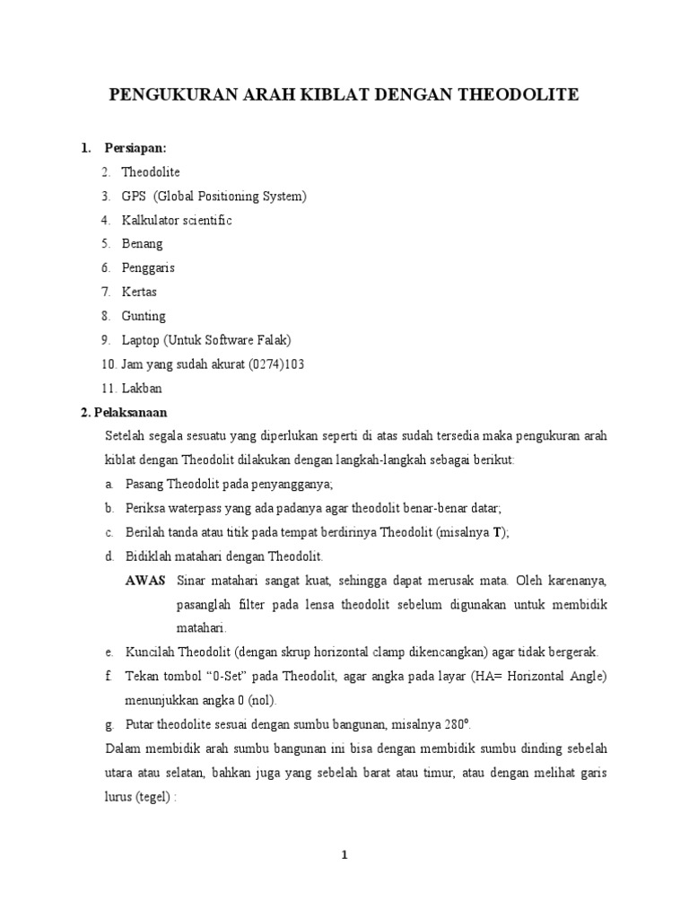 PENGUKURAN ARAH KIBLAT DENGAN THEODOLITE (Ringkasan) | PDF