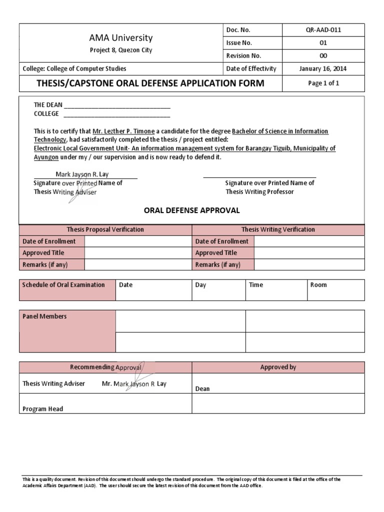 Thesis/Capstone Oral Defense Application Form for Lezther P. Timone's Electronic Local ...