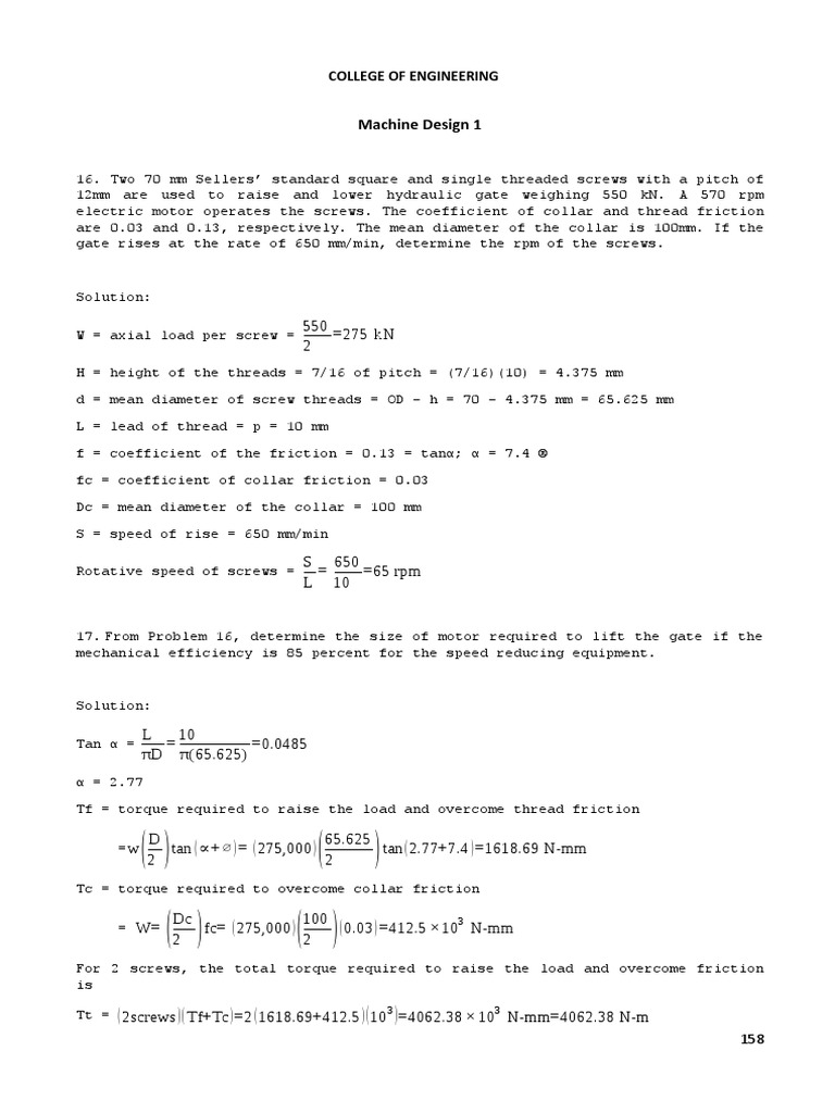 Machine Design 1: College of Engineering | PDF | Screw | Tools