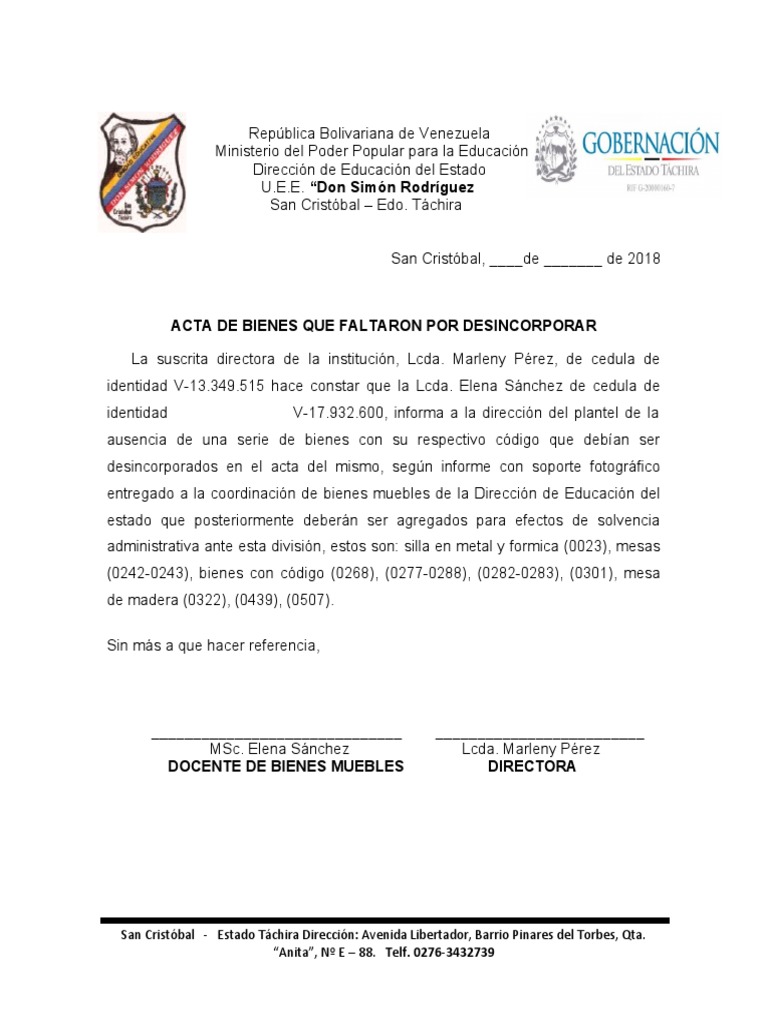 ACTA DE BIENES QUE FALTAN POR DESINCORPORAR Enero 2018 ELENA | PDF