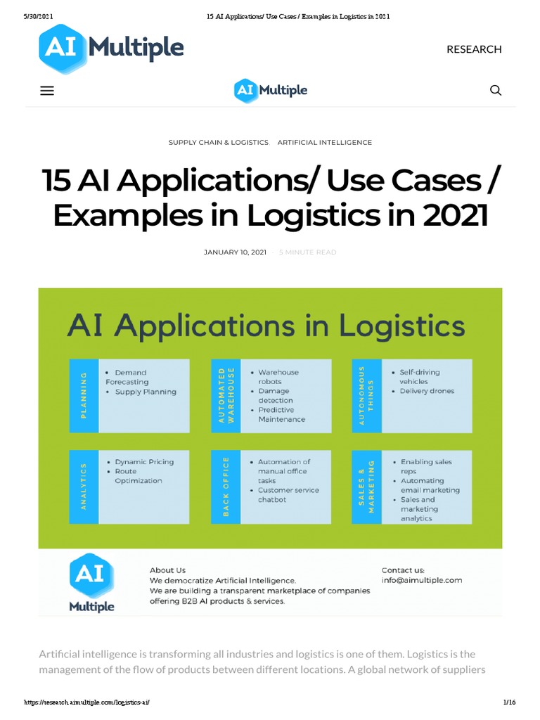 15 AI Applications - Use Cases - Examples in Logistics in 2021 | PDF ...