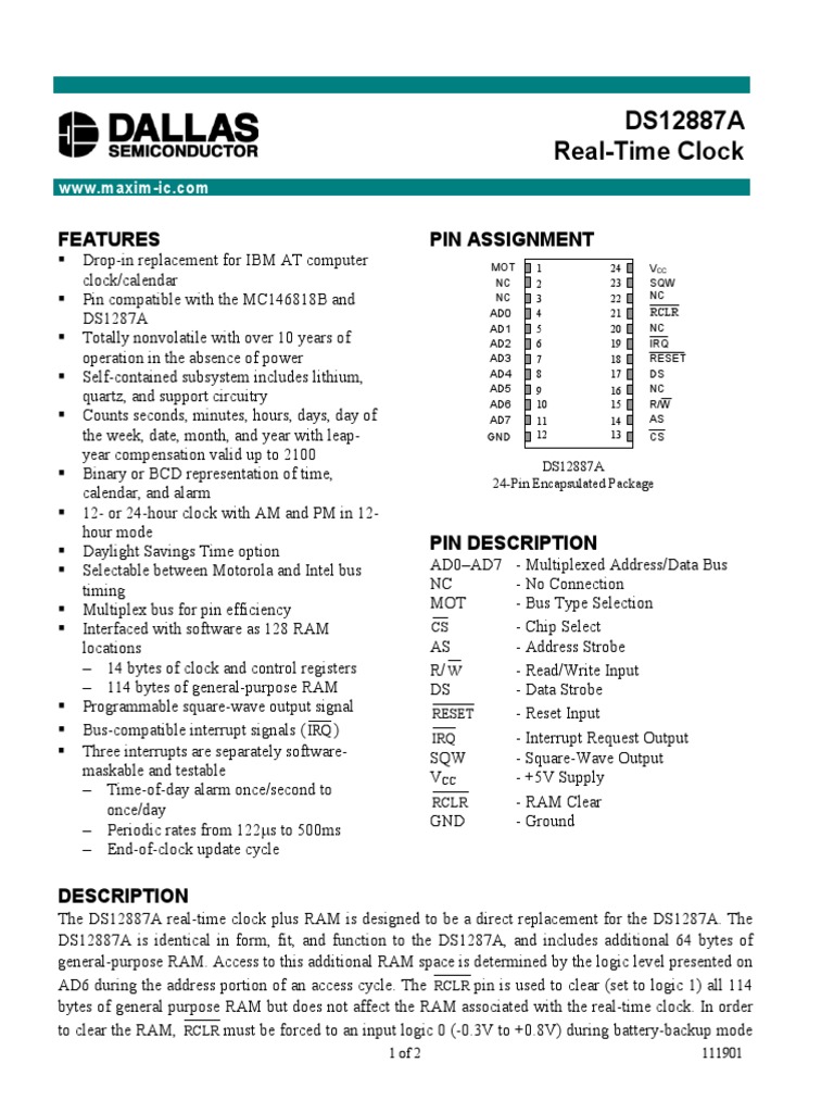 DS12887A Real-Time Clock: Features Pin Assignment | PDF | Input/Output | Random Access Memory