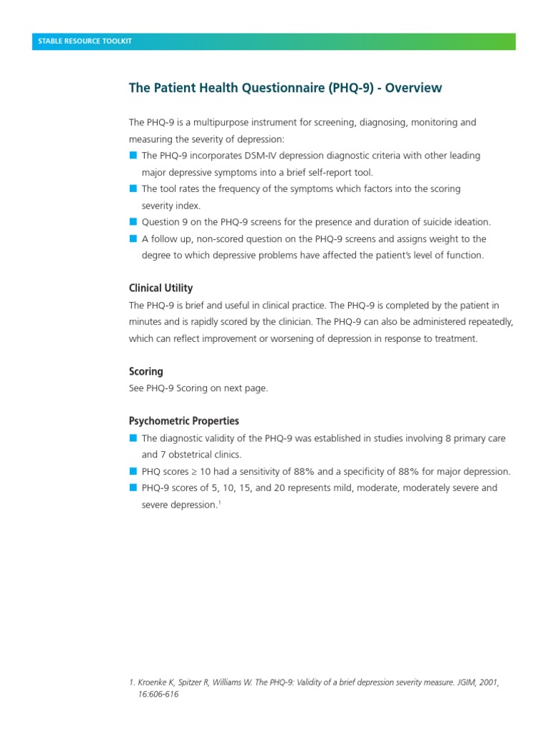 Tool - phq9 The Patient Health Questionnaire (PHQ-9) - Overview | PDF ...