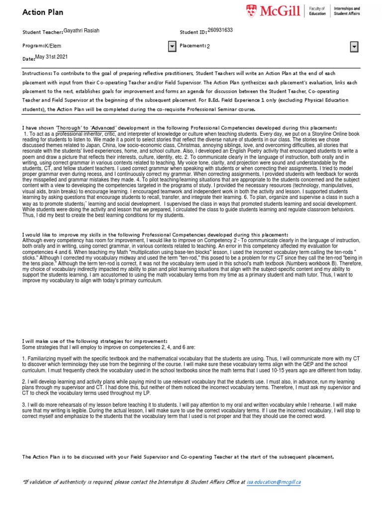 Student Teacher Action Plan Template | PDF | Competence (Human ...