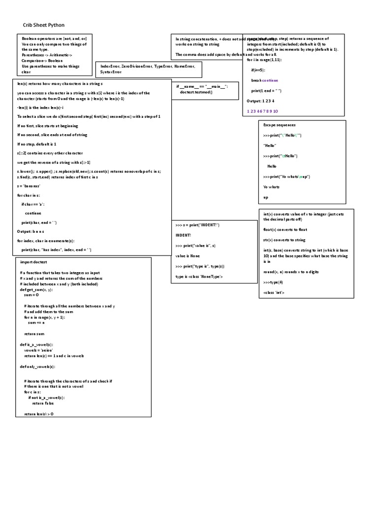 Crib Sheet Python: Continue | PDF | Integer (Computer Science) | String ...