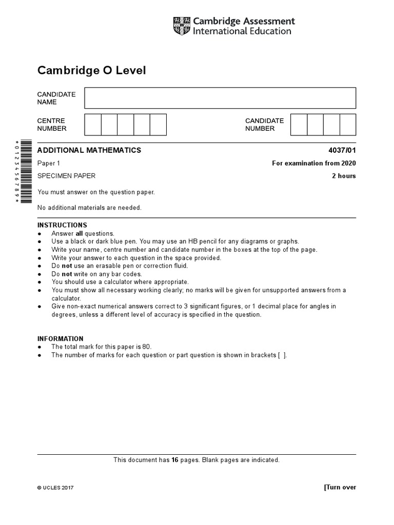 Cambridge O Level: Additional Mathematics 4037/01 | PDF | Quadratic ...