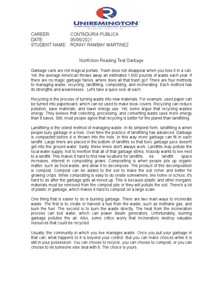 Unidad 2 Reading Comprehension | PDF | Landfill | Waste
