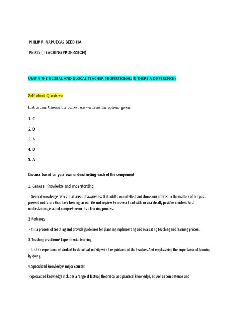 Self-Check Questions Instruction: Choose The Correct Answer From The ...