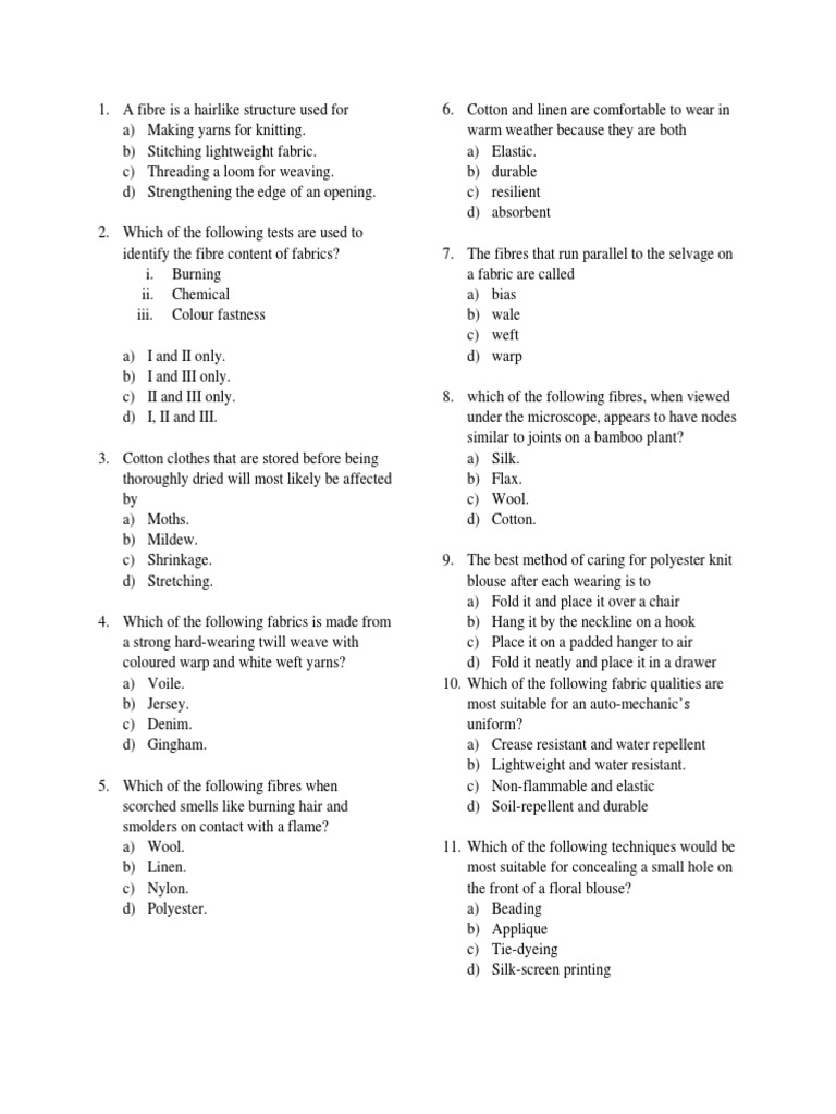 Clothing and Textiles Exam Questions | PDF | Textiles | Yarn