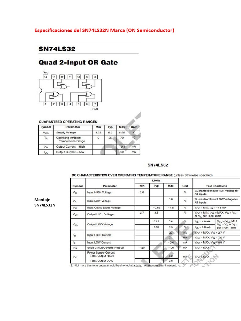Especificaciones Del SN74LS32N Marca (ON Semiconductor) | PDF | Electricidad | Electromagnetismo