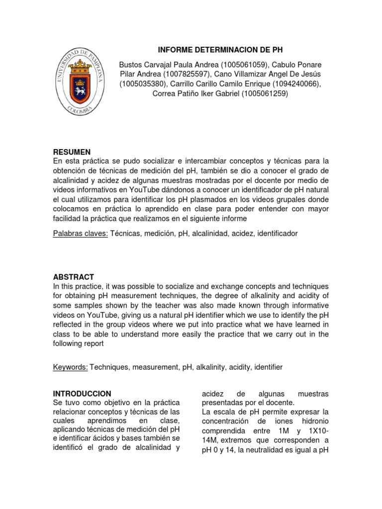 Informe Determinacion de PH | Descargar gratis PDF | Ph | Valoración