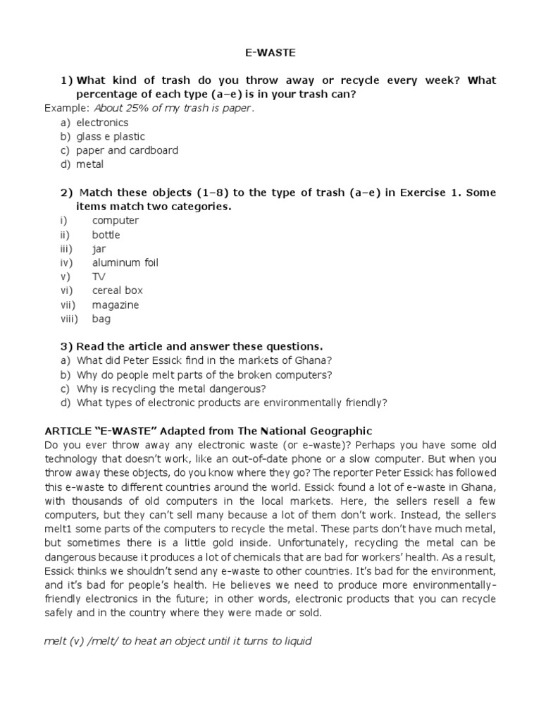 E Waste Worksheet | PDF | Electronic Waste | Noun