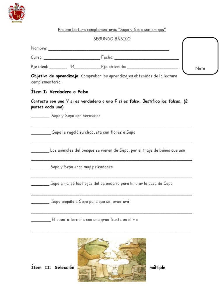 Evaluacion Sapo y Sepo Son. Amigos | PDF