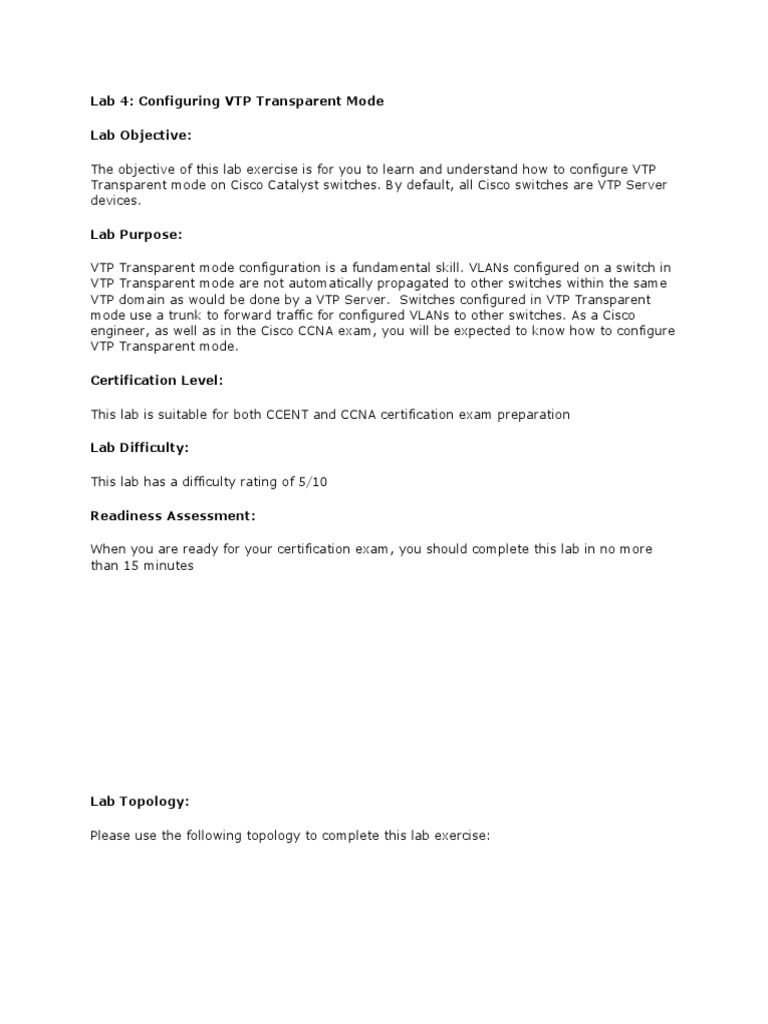 Lab 4 Configuring Vtp Transparent Mode Pdf