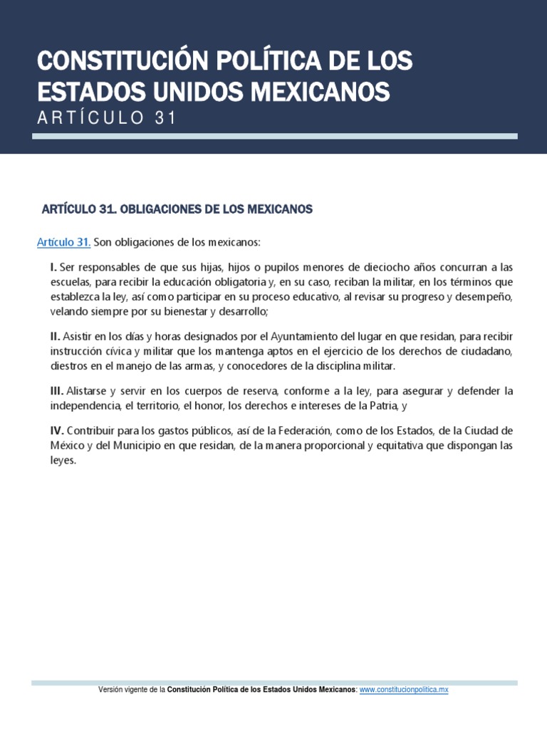 Artículo 31. - Constitución Política de Los Estados Unidos Mexicanos | PDF