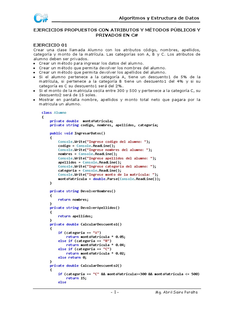 Sesión 14 Atributos y Métodos Públicos y Privados - Ejercicios ...