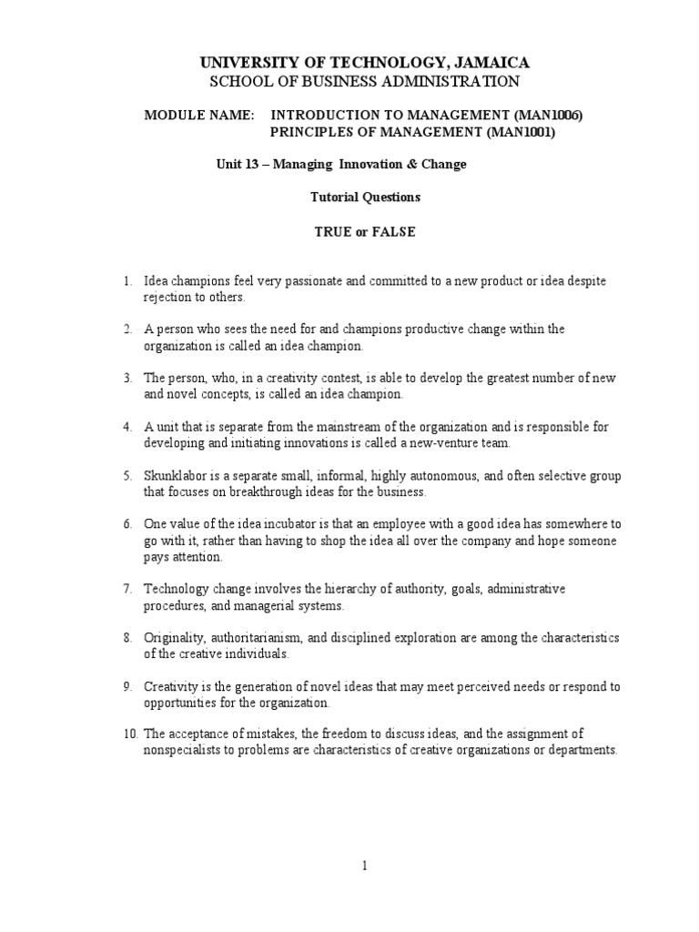 Managing Innovation & Change Tutorial Questions | PDF | Innovation ...