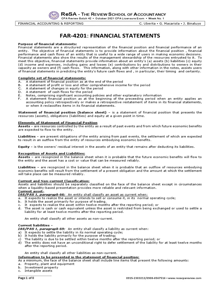 FAR-4201 (Financial Statements) | PDF | Balance Sheet | Income Statement