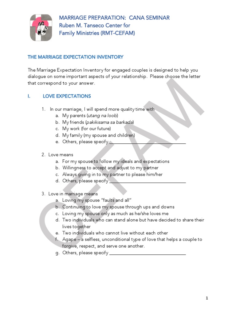 Pre Cana Seminar: Marriage Expectations | PDF | Wife | Husband