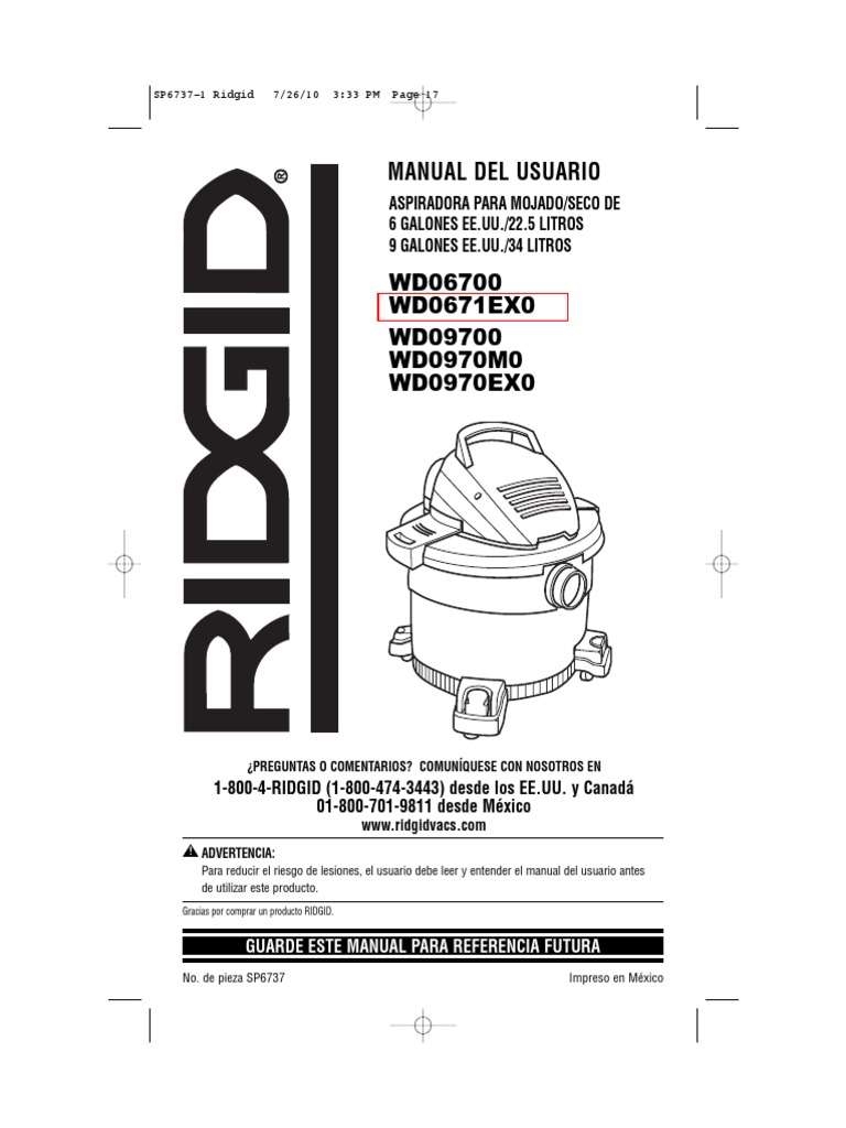 Manual Aspiradora Ridgid | PDF | Enchufes y tomas de corriente alterna | Polvo