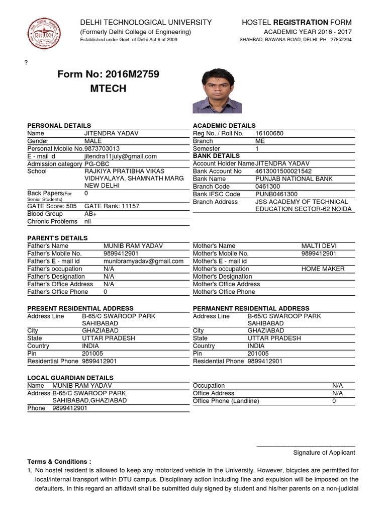 Form No: 2016M2759 Mtech: Delhi Technological University Hostel Registration Form | PDF | Business