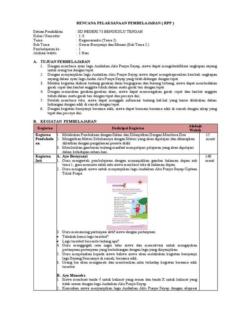 RPP Format Terbaru Kelas 1 Tema 2 ST 2 | PDF | Karier & Perkembangan | Seni & Disiplin Bahasa