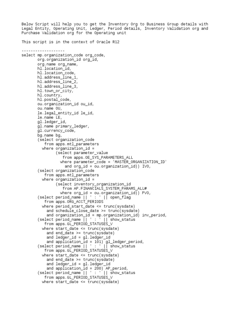 SQL Script For Getting The Details of Inventory Org To Business Group ...