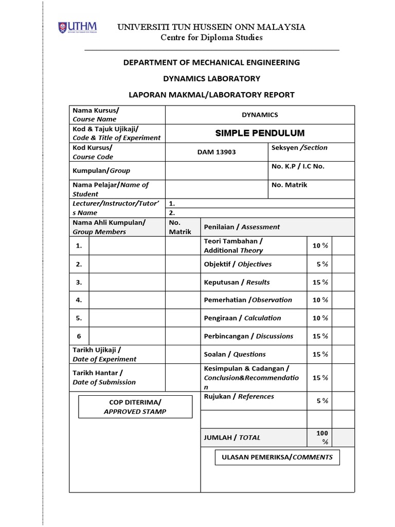 Department of Mechanical Engineering Dynamics Laboratory Laporan Makmal ...