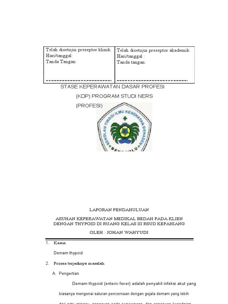 Laporan Pendahuluan Tugas Ners Stase Keperawatan Dasar Profesi KDP Dengan Demam Thypoid | PDF