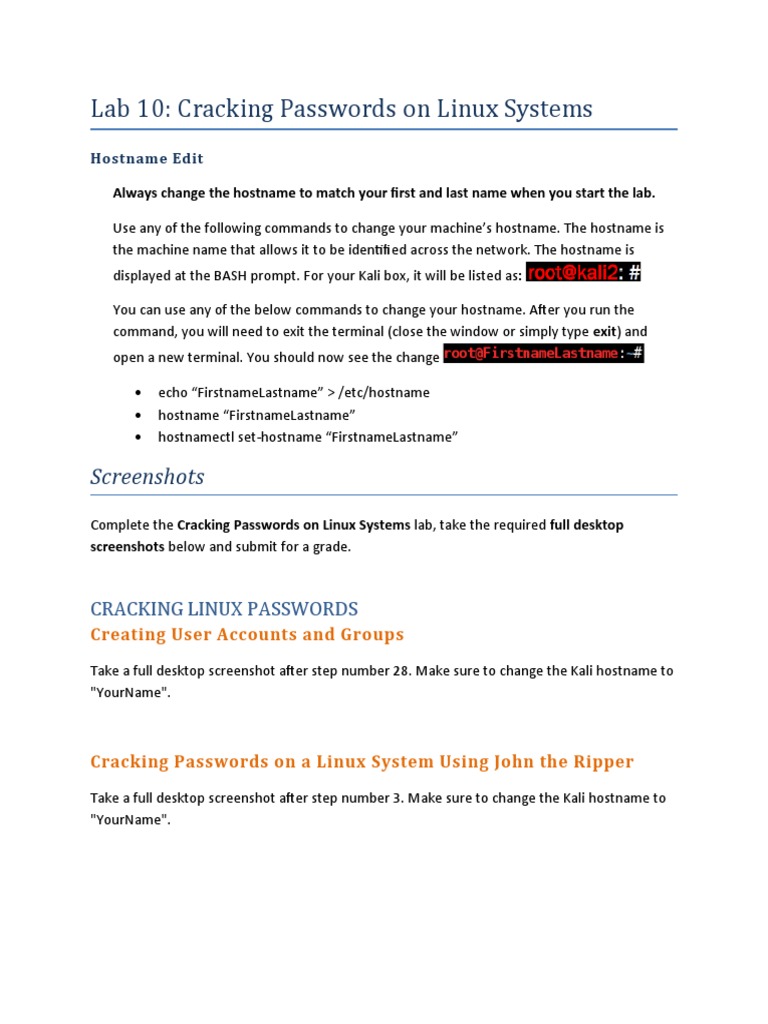 Lab 10: Cracking Passwords On Linux Systems: Screenshots | PDF