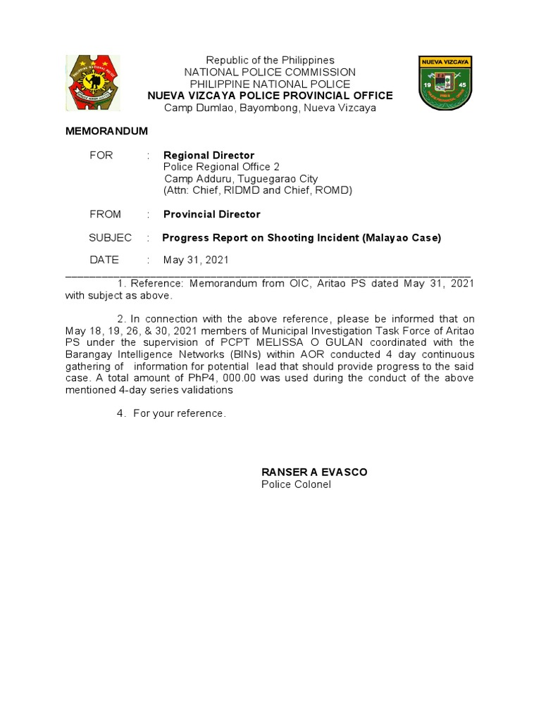 Progress Report On Shooting Incident (Malayao Case) | PDF