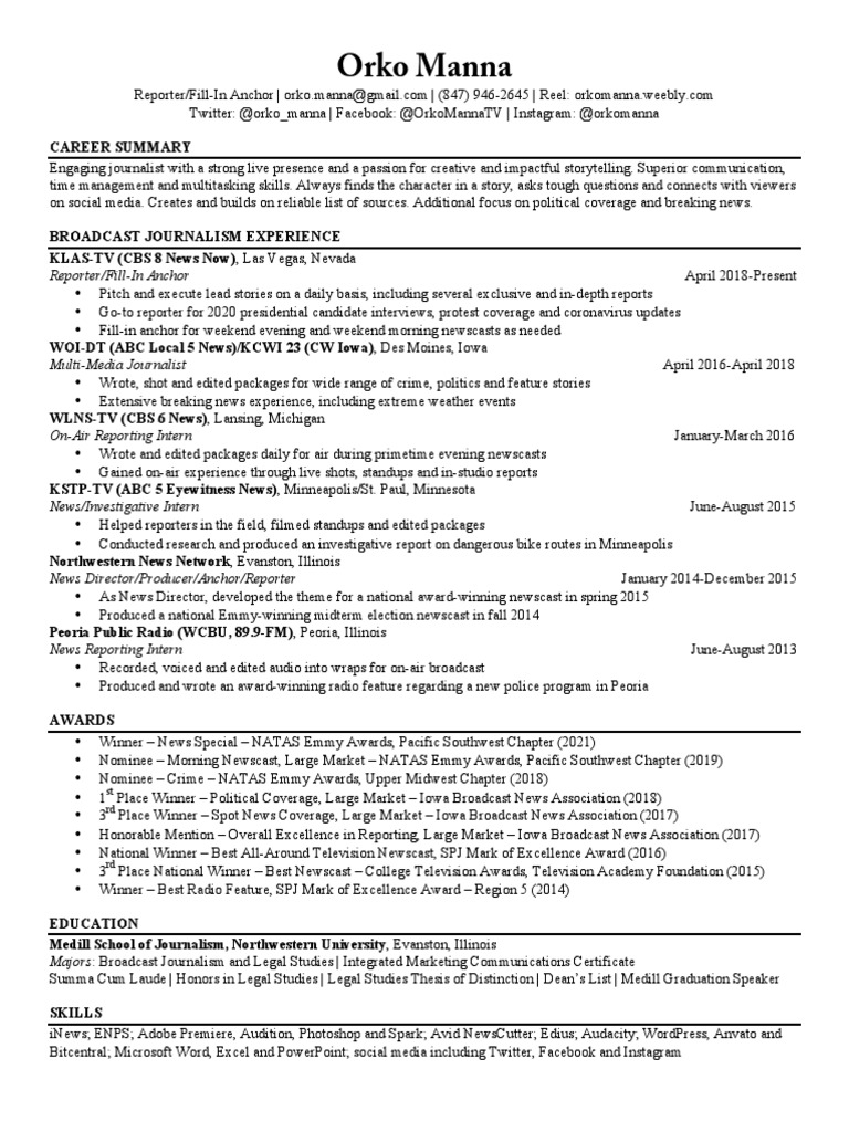 Orko Manna 2021 Resume and Reel | PDF | News Broadcasting | Mass Media