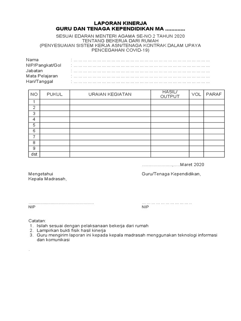 Format Laporan Kinerja Guru Dan Pegawai | PDF
