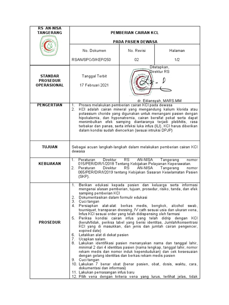 Prosedur Pemberian Infus KCl Dewasa | PDF