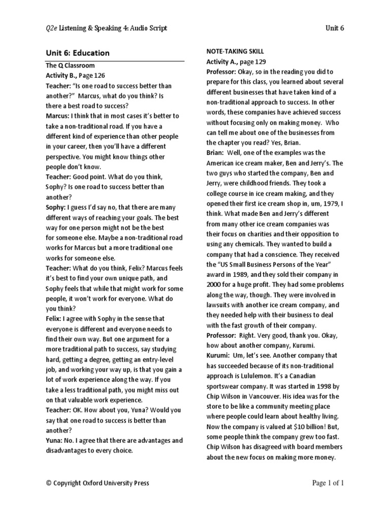 Unit 6: Education: Q2e Listening & Speaking 4: Audio Script | PDF | Schools