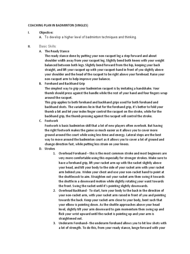 Coaching Plan - Badminton | PDF | Ball Games | Sports