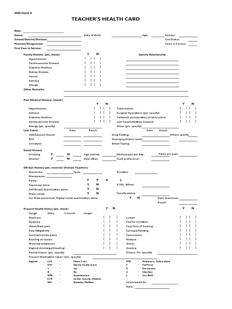 SHD Form 4 Teachers Health Card | PDF | Cardiovascular Diseases ...
