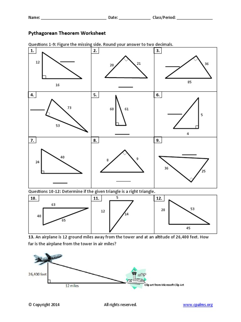 Pythagorean Theorem Worksheet with Answers | PDF