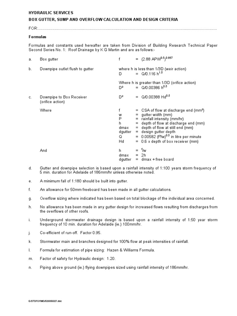 Box Gutter Design Criteria Sheet | PDF | Flood Control | Water Management
