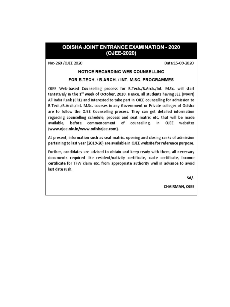 Odisha Joint Entrance Examination - 2020 (OJEE-2020) | PDF