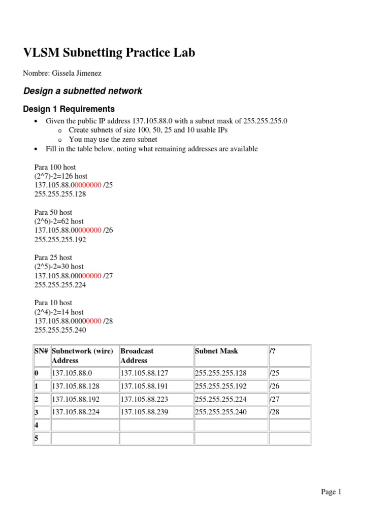 Vlsm Subnetting Practice Lab Design A Subnetted Network Pdf Ip Address Data Transmission