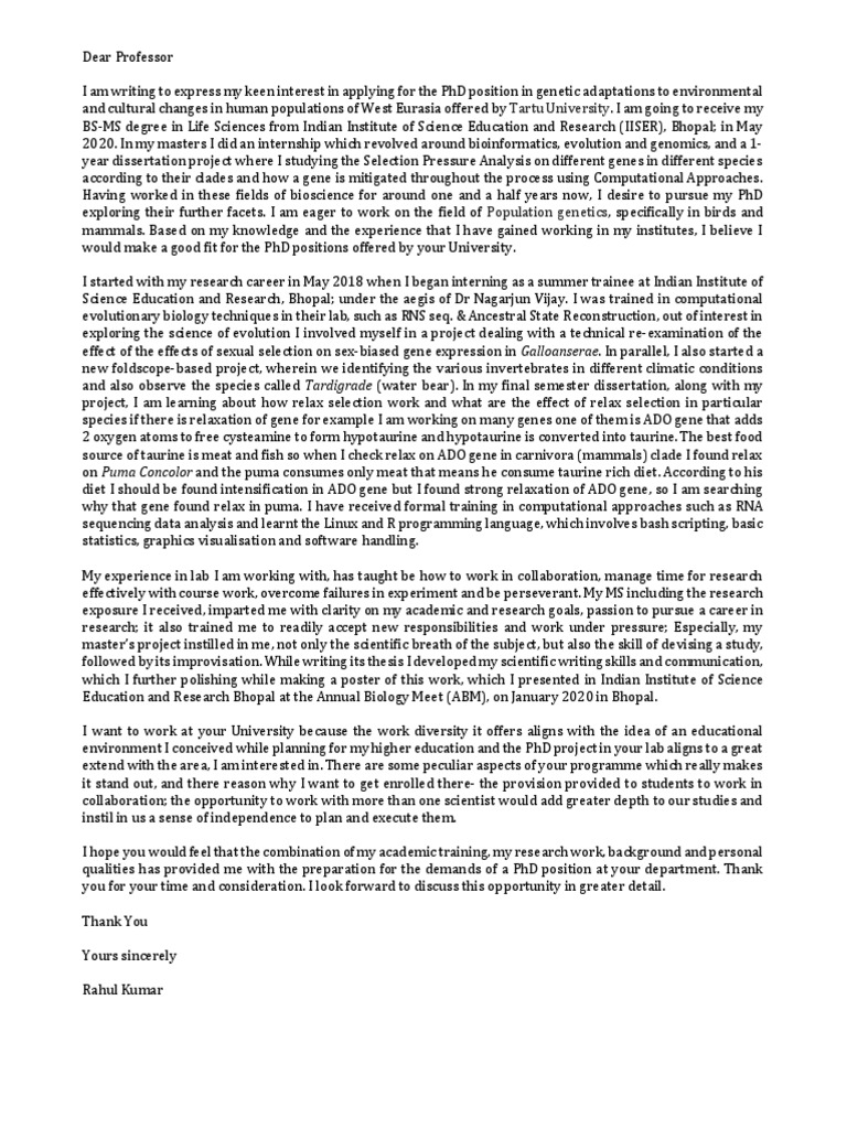 Letter of Motivation | PDF | Evolution | Natural Selection