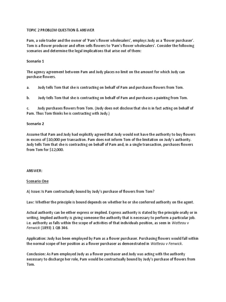Topic 2 Problem Question and Answer | PDF | Law Of Agency | Law And ...