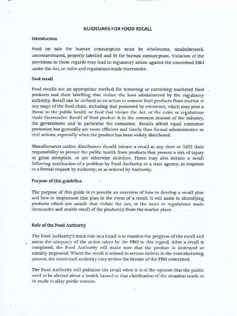 Sample Food Recall Plan and Guidelines | PDF